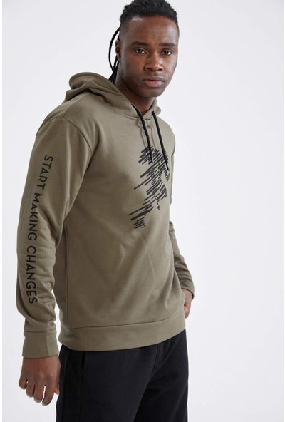 DeFacto Standart Fit Kapüşonlu Slogan Baskılı İçi Yumuşak Tüylü Sweatshirt V3126AZ21WN