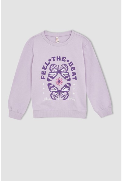 DeFacto Kız Çocuk Regular Fit Bisiklet Yaka Baskılı İçi Yumuşak Tüylü Sweatshirt W8533A621AU