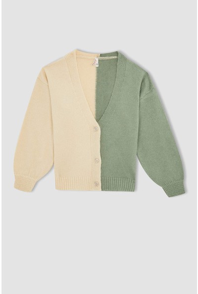 DeFacto Kız Çocuk Regular Fit V Yaka Renk Bloklu Triko Hırka W5381A621WN