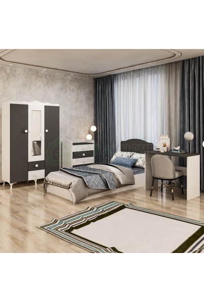 Garaj Home Elit Genç Odası Takımı Antrasit- Şifonyer. Aynalı 3lü Dolap .karyola. Çalışma Masası