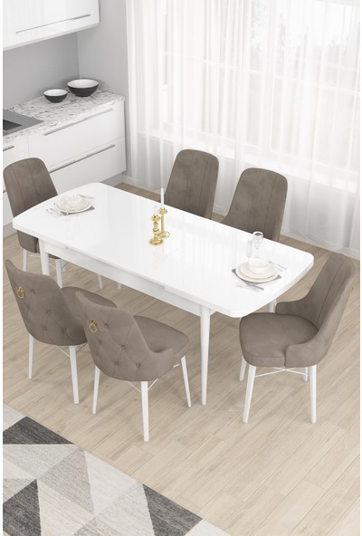Canisa Concept Nar Serisi, 80X132 Açılabilir Mdf Masa, Beyaz Mutfak Masa Takımı, 6 Sandalye