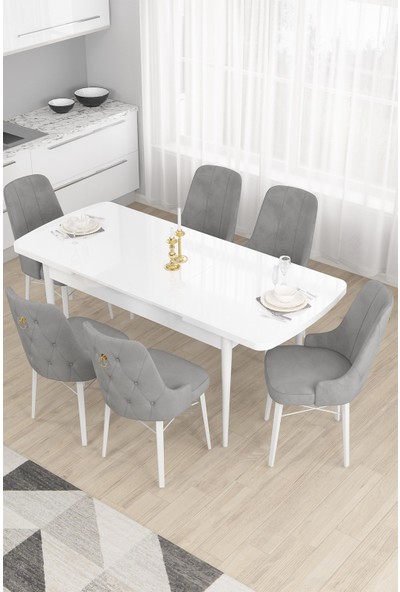 Canisa Concept Nar Serisi, 80X132 Açılabilir Mdf Masa, Beyaz Mutfak Masa Takımı, 6 Sandalye