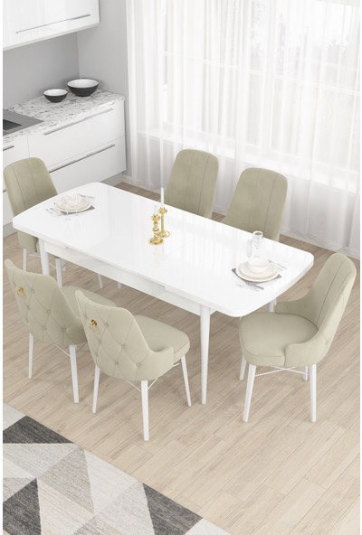 Canisa Concept Nar Serisi, 80X132 Açılabilir Mdf Masa, Beyaz Mutfak Masa Takımı, 6 Sandalye