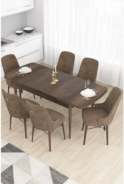 Canisa Concept Nar Serisi, 80X132 Açılabilir Mdf Masa, Barok Ahşap Desenli Mutfak Masa Takımı+6 Sandalye