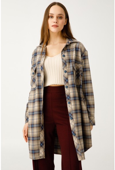 Ekol Kadın Kapak Cepli Ekose Desenli Tunik 6052413 Indigo