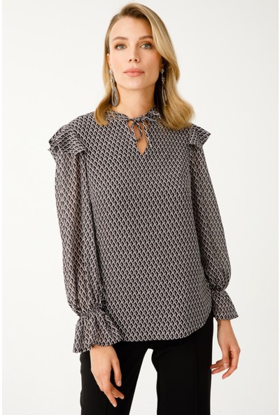 Ekol Kadın Yaka Bağcıklı Desenli Bluz 6052011 Black