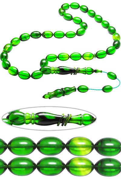 Tesbih Atölyesi Sistemli Beyzi Kesim Yeşil Renkli Halkalı Ateş Kehribar Tesbih