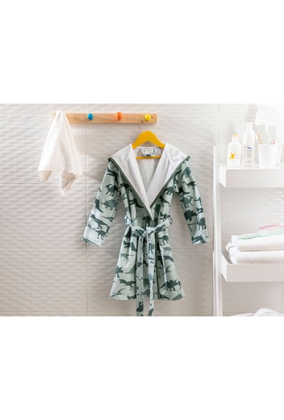 English Home Dinasours Pamuk Polyester Çocuk Bornoz 10 - 12 Yaş Yeşil