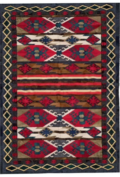 Dericibey Patchwork Afgan Doğal Deri Halı PT119-02 Siyah Krmızı