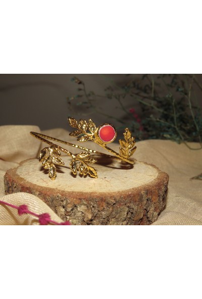 AE Olmens Doğal Akik Taş Yaprak Figürlü Gold Bileklik