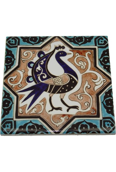 Otantik Çini Selçuklu Yıldızı ve Cennet Kuşu Dekorlu Kare Bardak Altlığı 10 cm Dir.