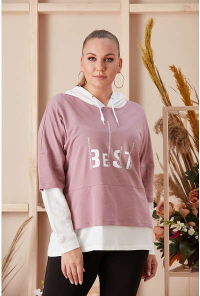 Rmg Baskılı Kapşonlu Lila Büyük Beden Sweatshirt