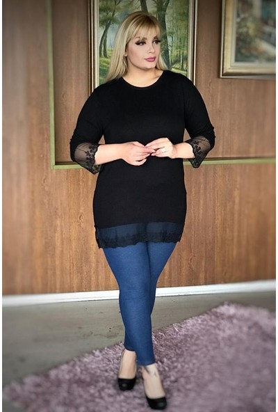 ViolettaXL Kadın Siyah Büyük Beden Kolları Eteği Tüllü Likralı Viskon Bluz