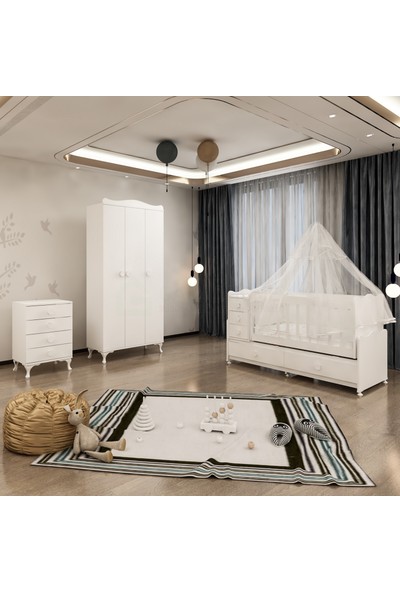 Garaj Home Melina Yıldız 3 Kapaklı Bebek Odası Takımı Beyaz - Yatak ve Uyku Seti Kombinli