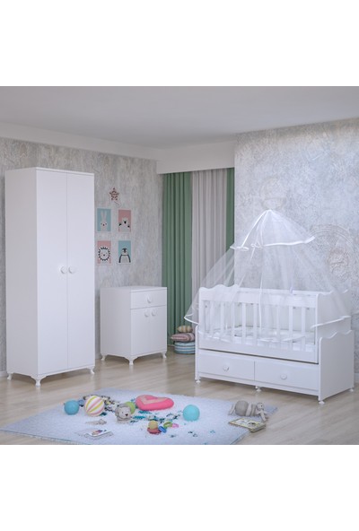 Garaj Home Elegant Yıldız 2 Kapaklı Bebek Odası Takımı - Yatak ve Uyku Seti Kombinli-Beyaz