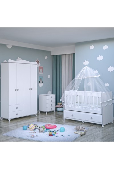 Garaj Home Elegant Yıldız 4 Kapaklı Bebek Odası Takımı - Yatak ve Uyku Seti Kombinli-Gri