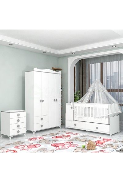 Garaj Home Pırlanta Yıldız 4 Kapaklı Bebek Odası Takımı Gri- Yatak ve Uyku Seti Kombinli