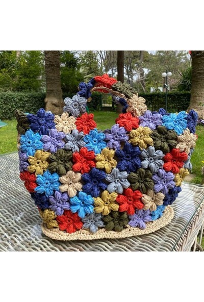 Craftatelier Renkli Çiçekli El Örgüsü Çanta- Clutch Çanta Hediyeli