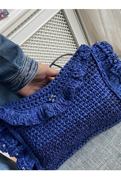 Craftatelier Mavi Renk Fırfır Detaylı El Örgüsü Clutch Çanta