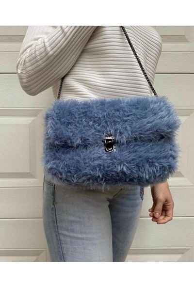 Craftatelier Mavi Peluş El Örgüsü Kutu Çanta