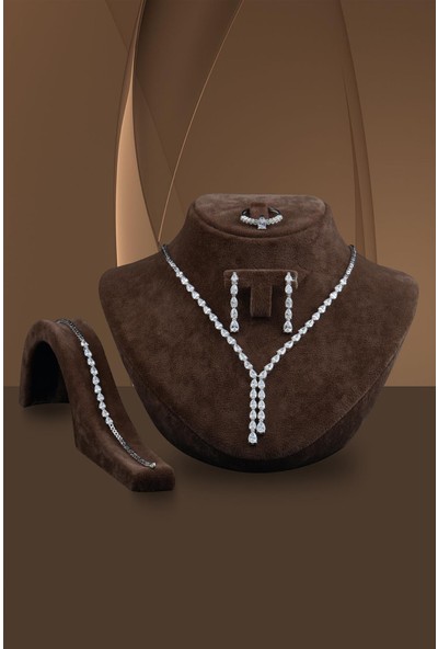 Osmanlı Gümüş Füreyya Kadın Zirkon Taşlı Gümüş Su Yolu Set - Kolye, Bileklik, Küpe, Yüzük