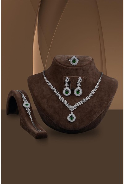 Osmanlı Gümüş Çise Kadın Zümrüt Taşlı Gümüş Su Yolu Set - Kolye, Bileklik, Küpe, Yüzük