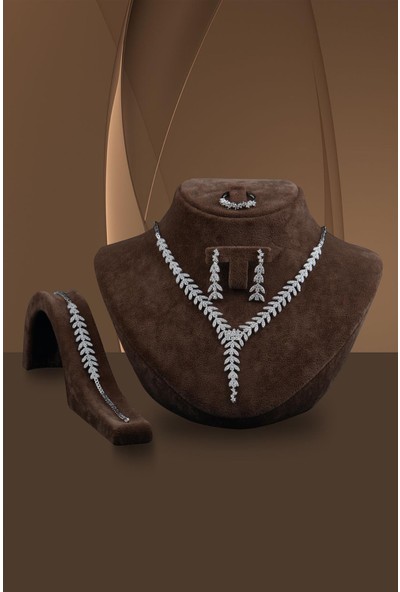 Osmanlı Gümüş Bengi Kadın Zirkon Taşlı Gümüş Su Yolu Set - Kolye, Bileklik, Küpe, Yüzük