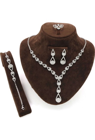 Osmanlı Gümüş Damla Su Yolu Gümüş Kadın Set - Kolye, Bileklik, Küpe, Yüzük