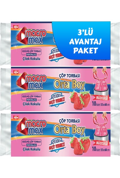 Macromax Büzgülü Çöp Torbası 3 x Orta Boy -Çilek Kokulu