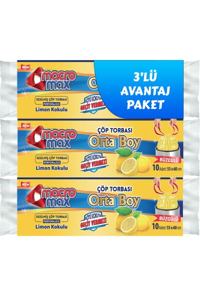 Macromax Büzgülü Çöp Torbası 3 x Orta Boy -Limon Kokulu