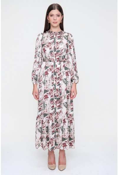 Aker 4183112 Beli Kuşak Detaylı Desenli Elbise
