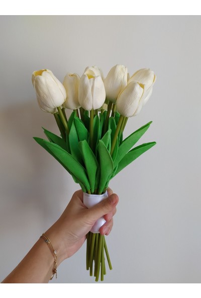 Craftatelier Islak Lale Gelin Buketi Gerçek Dokulu Beyaz Gelin Çiçeği