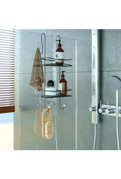 Sas - Paslanmaz 2 Katlı Askılı Banyo Duş Rafı Sabunluk Siyah