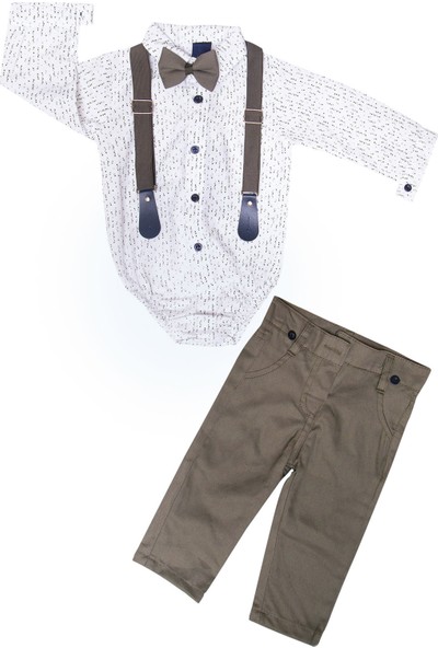 Erkek Bebek Haki Pantolon Gömlek Papyon Salopet Takım