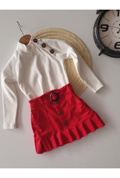 Eliz Kids Kız Çocuk Kırmızı Kemerli Etek ve Badi Kombin