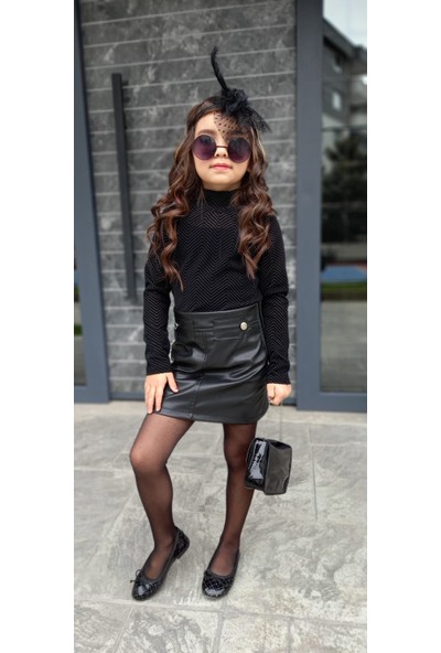Eliz Kids Kız Çocuk Deri Etekli 3 Parça Set