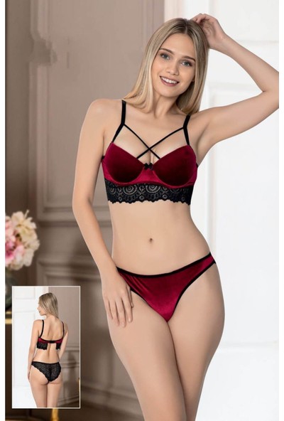 WİXXO FASHİON Wixxo Kadın Bordo Kadife Çarpraz Ipli Dantelli Balenli Destekli Sütyen Külot Takımı WİXXO FASHİON Wixxo Kadın Bordo Kadife Çarpraz Ipli Dantelli Balenli Destekli Sütyen Külot Takımı