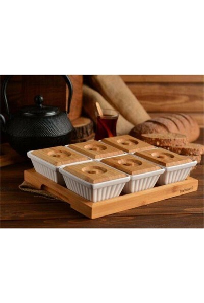 Eydia 6'lı Ahşap Kapaklı Tepsili Üst Kalite Porselen Kahvaltılık Takımı