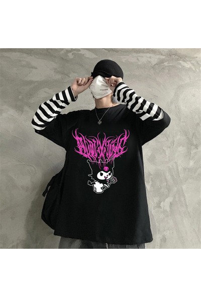 Köstebek Anime Harajuku Kuromi Sanrio Çizgili Kollu Unisex T-Shirt