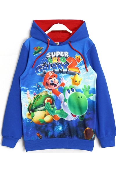 DobaKids Super Mario Galaxy 2 Baskılı Kapüşonlu Çocuk Sweatshirt 4 - 9 Yaş Mavi