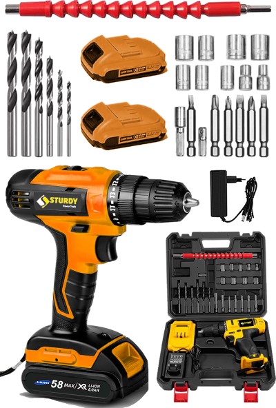 Sturdy 58V 6AH Lıon Çift Akülü Turuncu Turbo Şarjlı Vidalama Matkap 27 Parça Uç Setli Sturdy 58V 6AH Lıon Çift Akülü Turuncu Turbo Şarjlı Vidalama Matkap 27 Parça Uç Setli