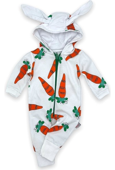 Murat Baby Tavşan Kulaklı, Havuç Baskılı, Önden Fermuarlı Pamuklu Penye Bebek Tulumu