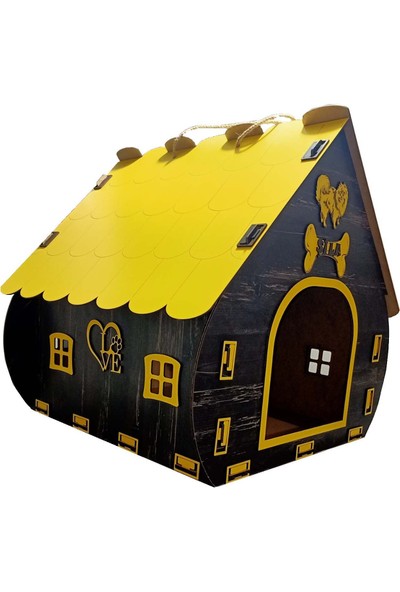 Dekoratif Ahşap Köpek Evi 60 x 60 x 60 cm - Sarı Siyah