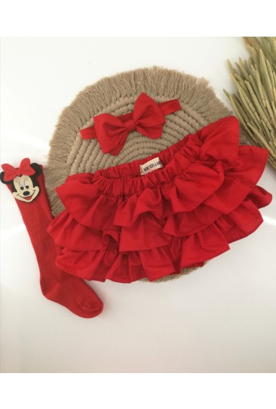 Mini Kids & Baby Mini Kids&baby Kız Bebek Fırfırlı Şort Etek Bandana ve Minnie Mouse Figürlü Çorap Set