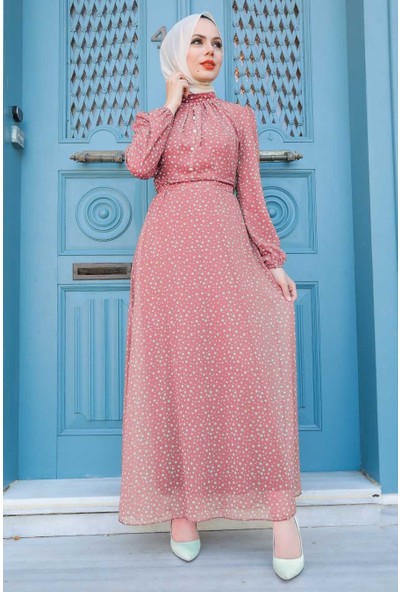 Neva Style - Puantiye Desenli Gül Kurusu Tesettür Elbise 2809GK