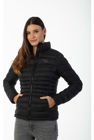1001 Mont Kadın Siyah Kısa Dik Yaka Kapüşonsuz Dolgulu Su Itici Termal Astarlı Şişme Mont 8544