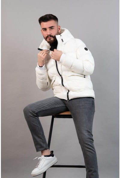 Sir Kapşonlu Beli Lastikli Beyaz Şişme Erkek Mont