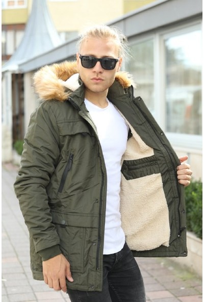 Menstylemcm Erkek Mont Kaban Peluş Kürklü Kapüşonlu