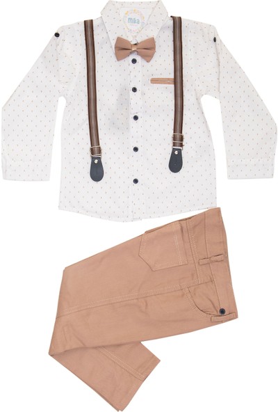 Mika Bebek Bej Pantolon Gömlek Papyon Erkek Çocuk Salopet Takım Mika Bebek Bej Pantolon Gömlek Papyon Erkek Çocuk Salopet Takım
