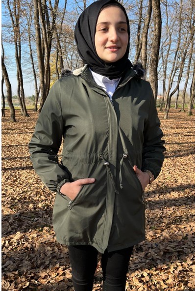 Deneme Kabinim Kadın Bondit Kısa Mont - Içi Kürklü Kapüşonlu Kısa Mont